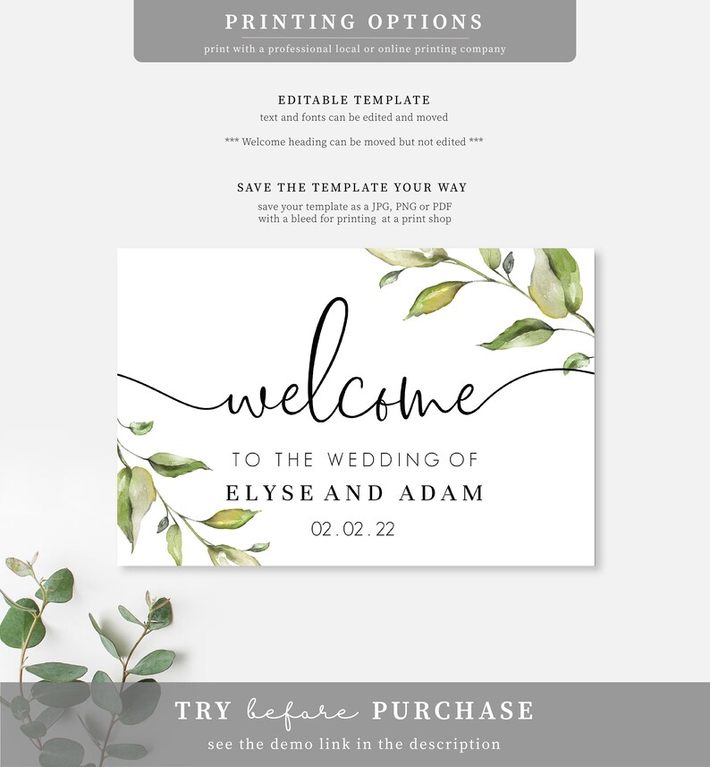 Printable Greenery Wedding Welcome Sign Greenery Welcome - Etsy