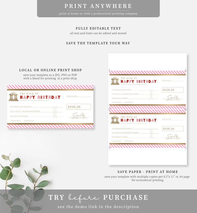 Birthday Cheque Template Fake Bank Cheque Gift Voucher - Etsy Australia