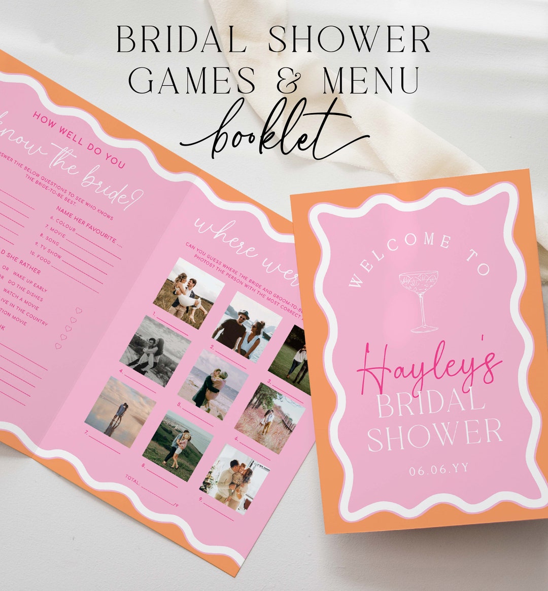 Pink Orange Bridal Shower Menu and Games Booklet (printable), Wave - Etsy