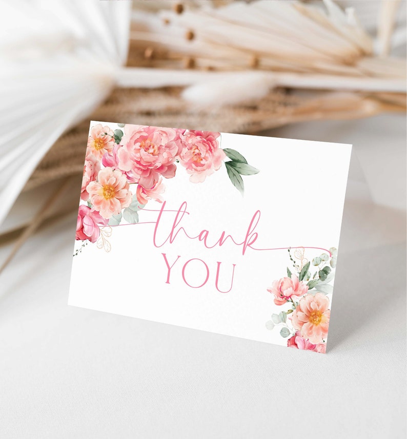 Blush Peony Thank You Card Template, Floral Baby Shower, Wedding ...
