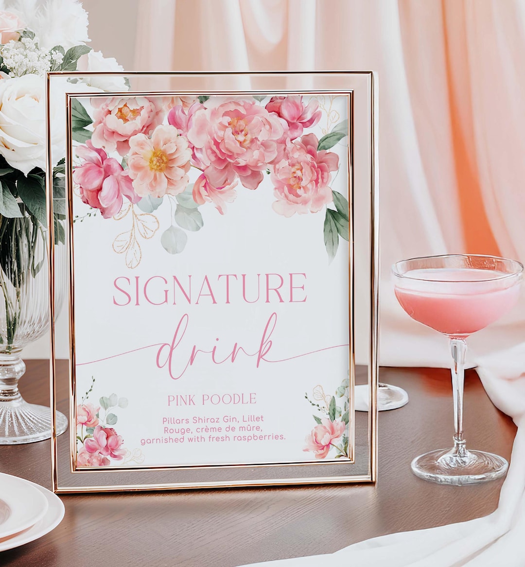 Peony Floral Signature Drink Sign: Bridal Shower, Mocktail Menu ...