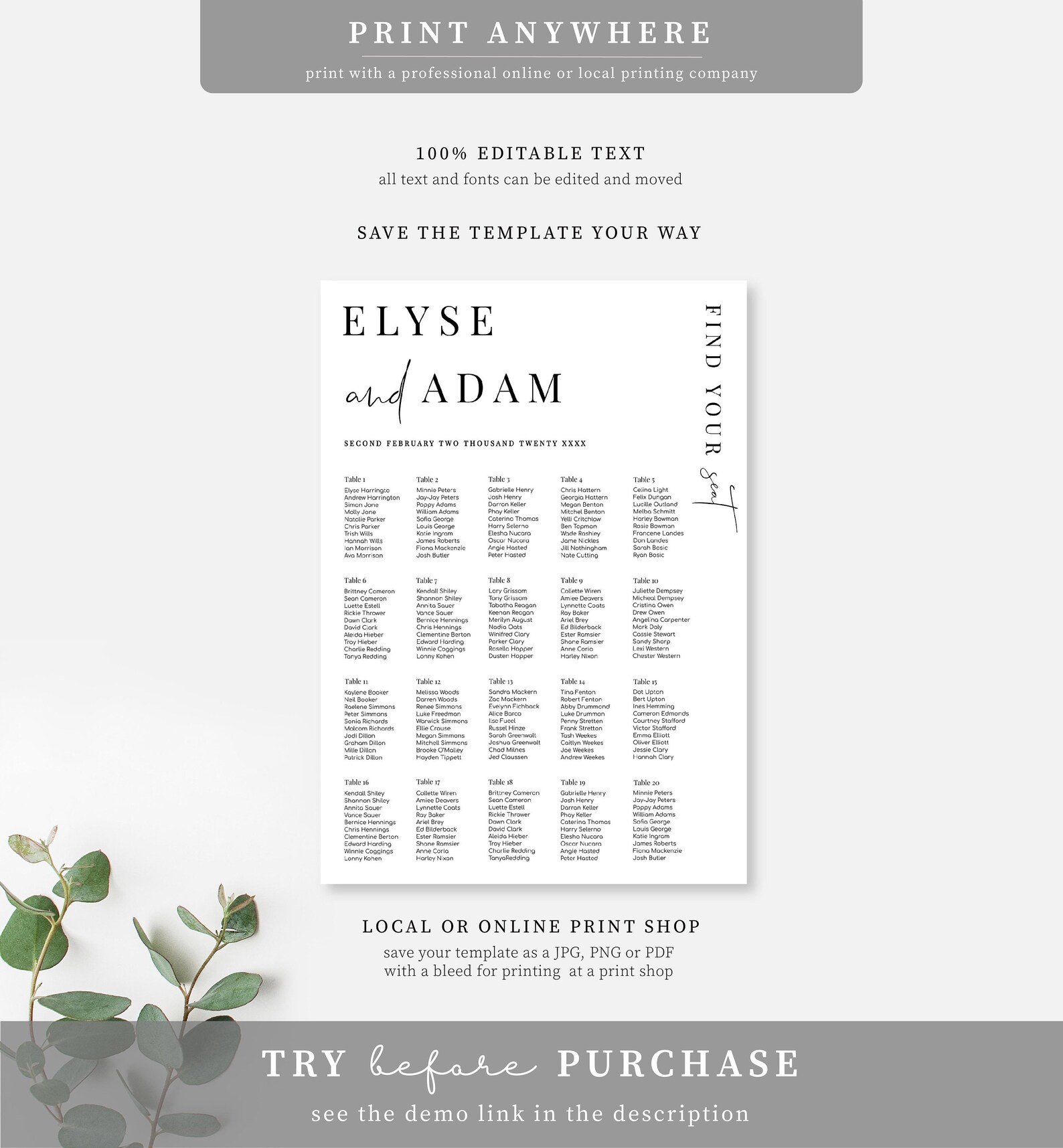 Editable Printable Wedding Table Plan Modern Minimal Editable - Etsy