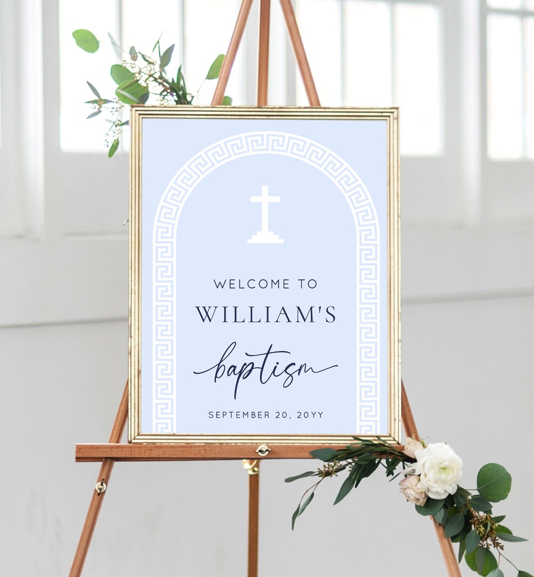 Printable Baptism Welcome Sign Template, Greek Key, Arch, Blue Boy ...