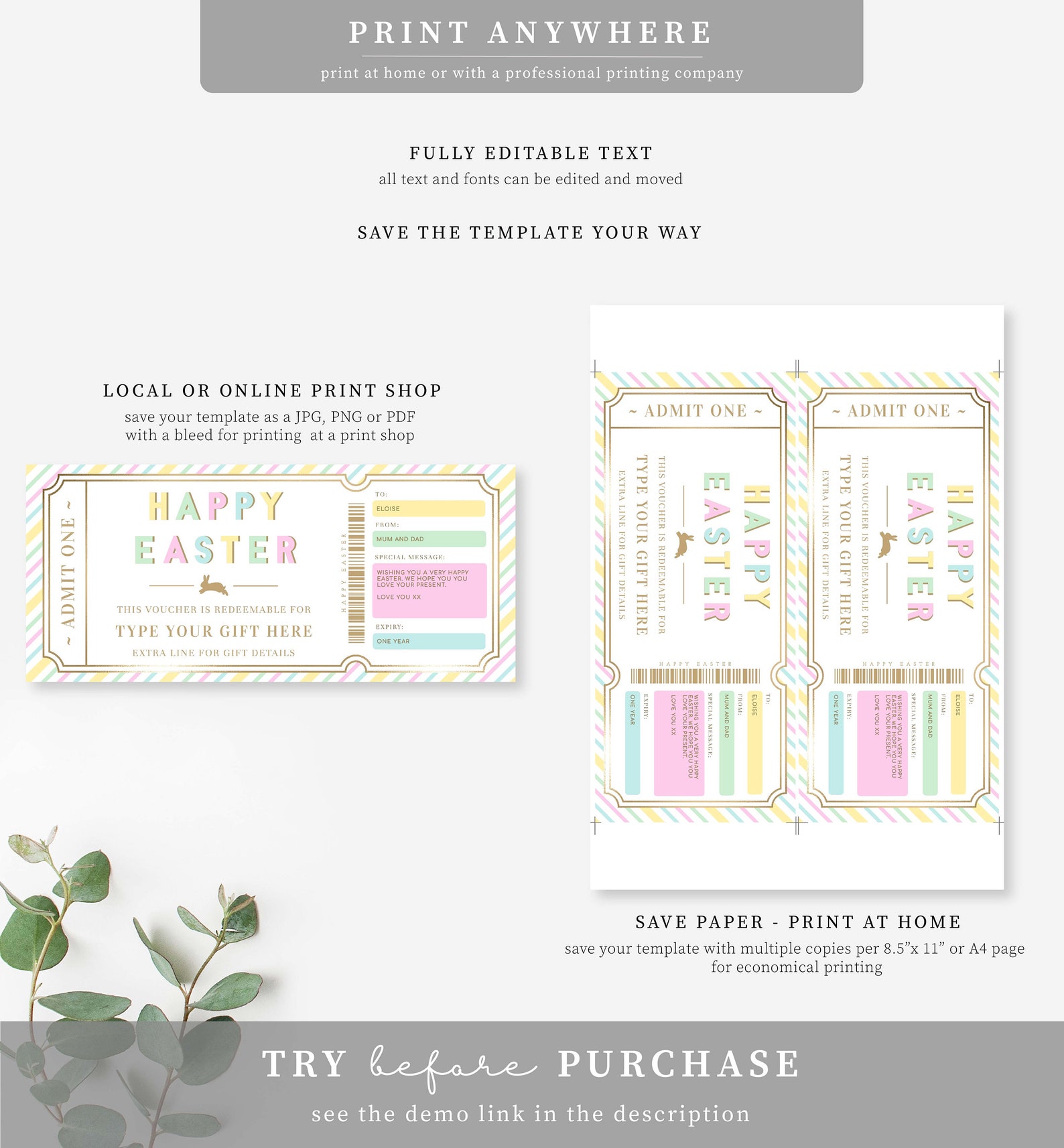 Easter Gift Voucher Template, Fully Custom Printable Gift Certificate ...