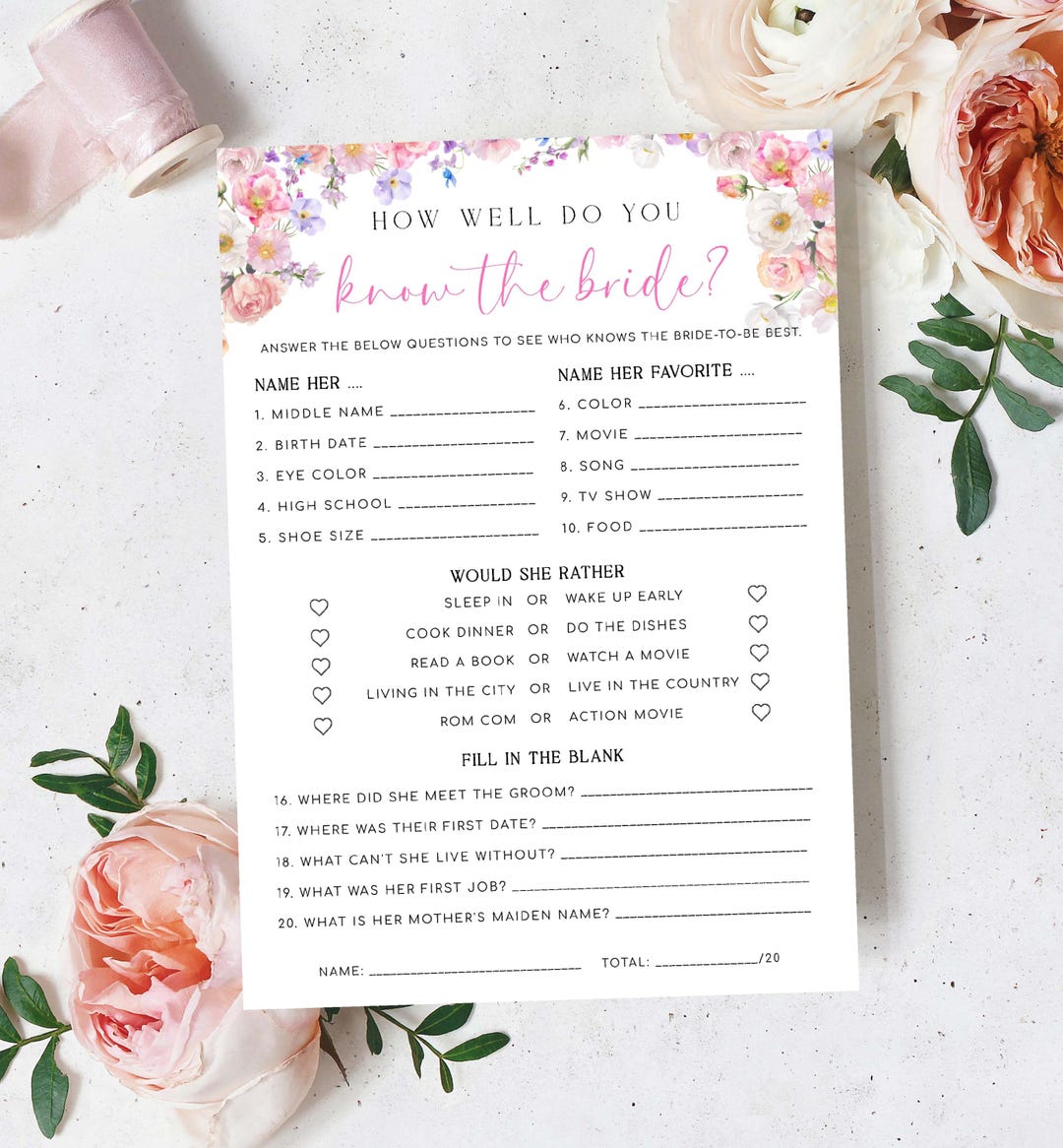 Wildflower Bridal Shower Game, How Well Do You Know the Bride (digital ...