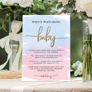 Printable Who's Watching Baby Sign Template, Pink Blue Watercolour Gold ...