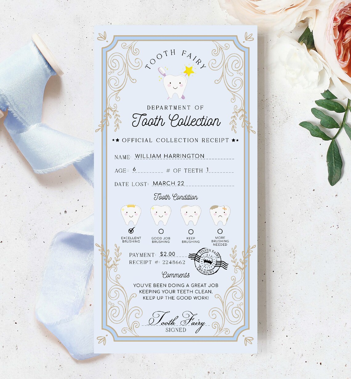 Printable Tooth Fairy Receipt, Tooth Fairy Collection Receipt, Editable ...