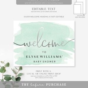 Mint Green and Silver Printable Welcome Sign, Gender Neutral Baby ...
