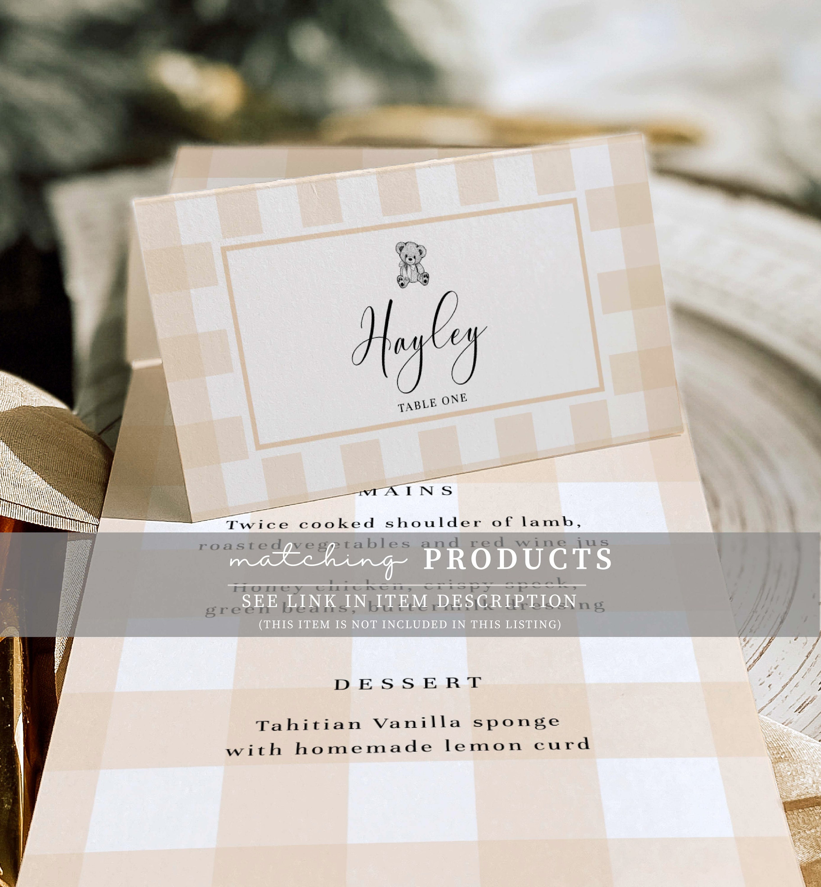 Tan Gingham Teddy Bear Menu Template, Baby Shower (printable) - Etsy