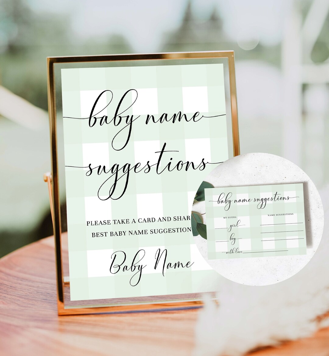 Baby Name Suggestions Card and Sign Template, Mint Green Gingham Check ...