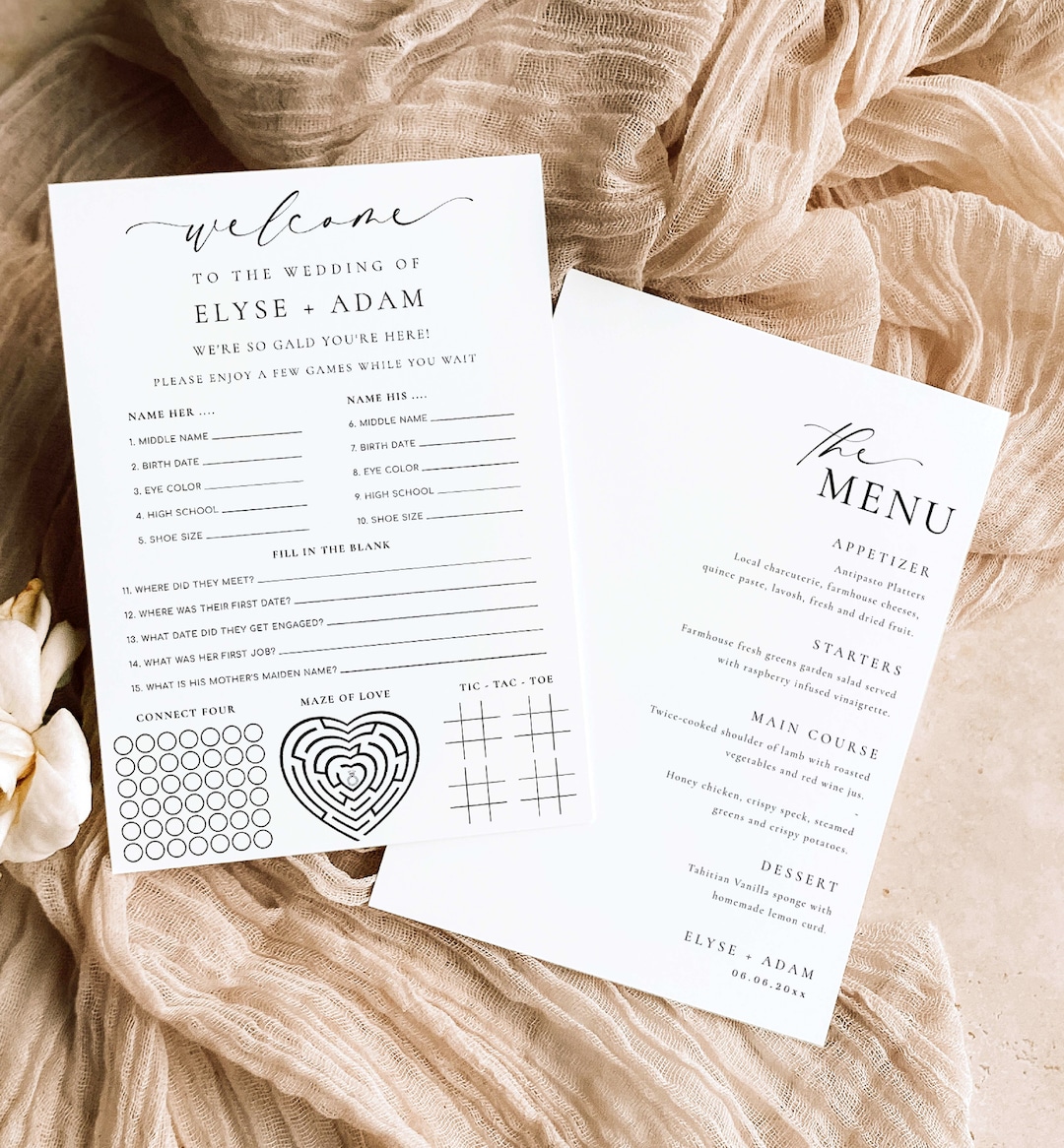 Wedding Menu and Quiz Template, Elegant Wedding Menu, Editable ...