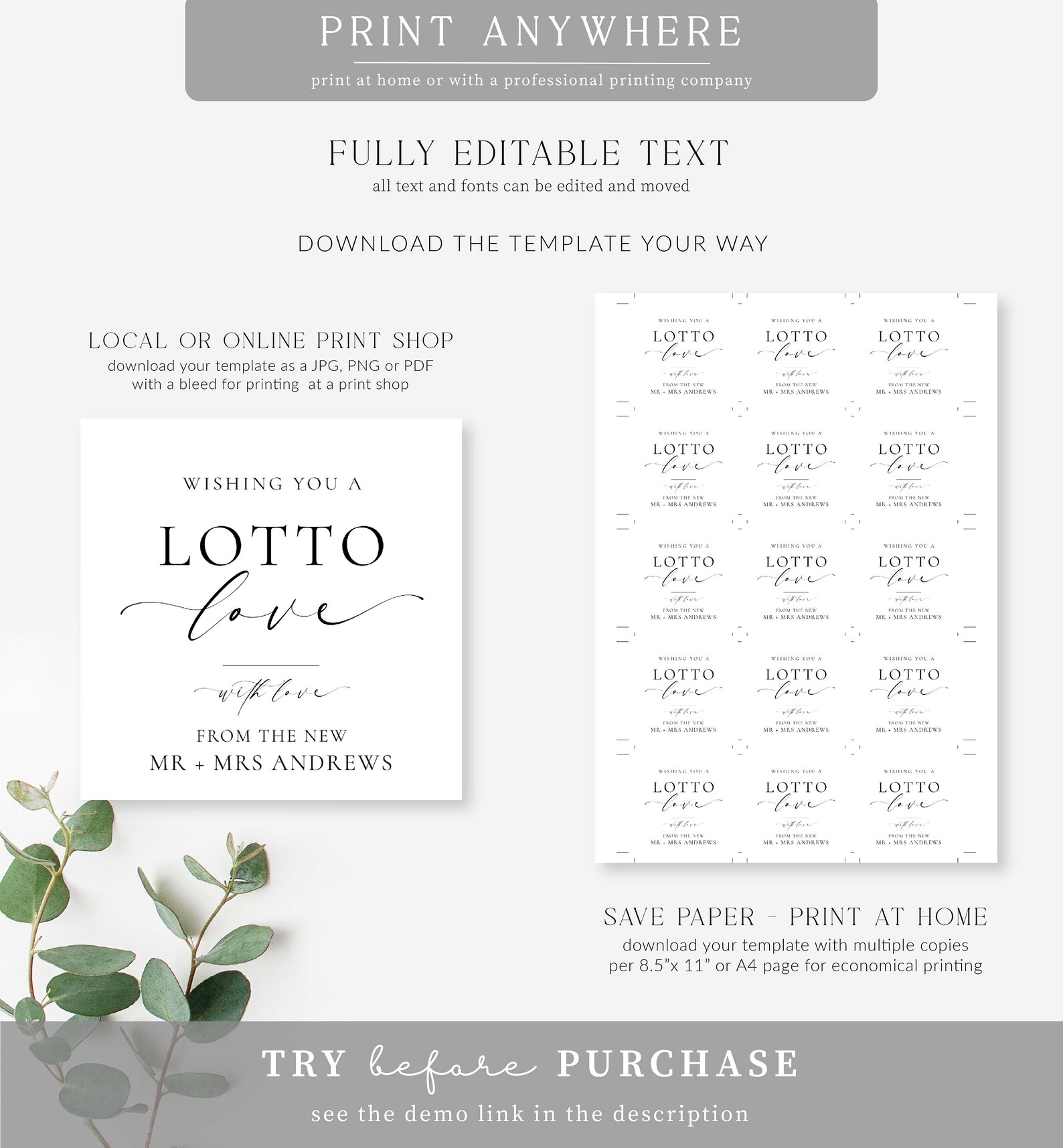 Printable Lotto Love Favor Tag, Minimalist Scratch Card Wedding Favor ...