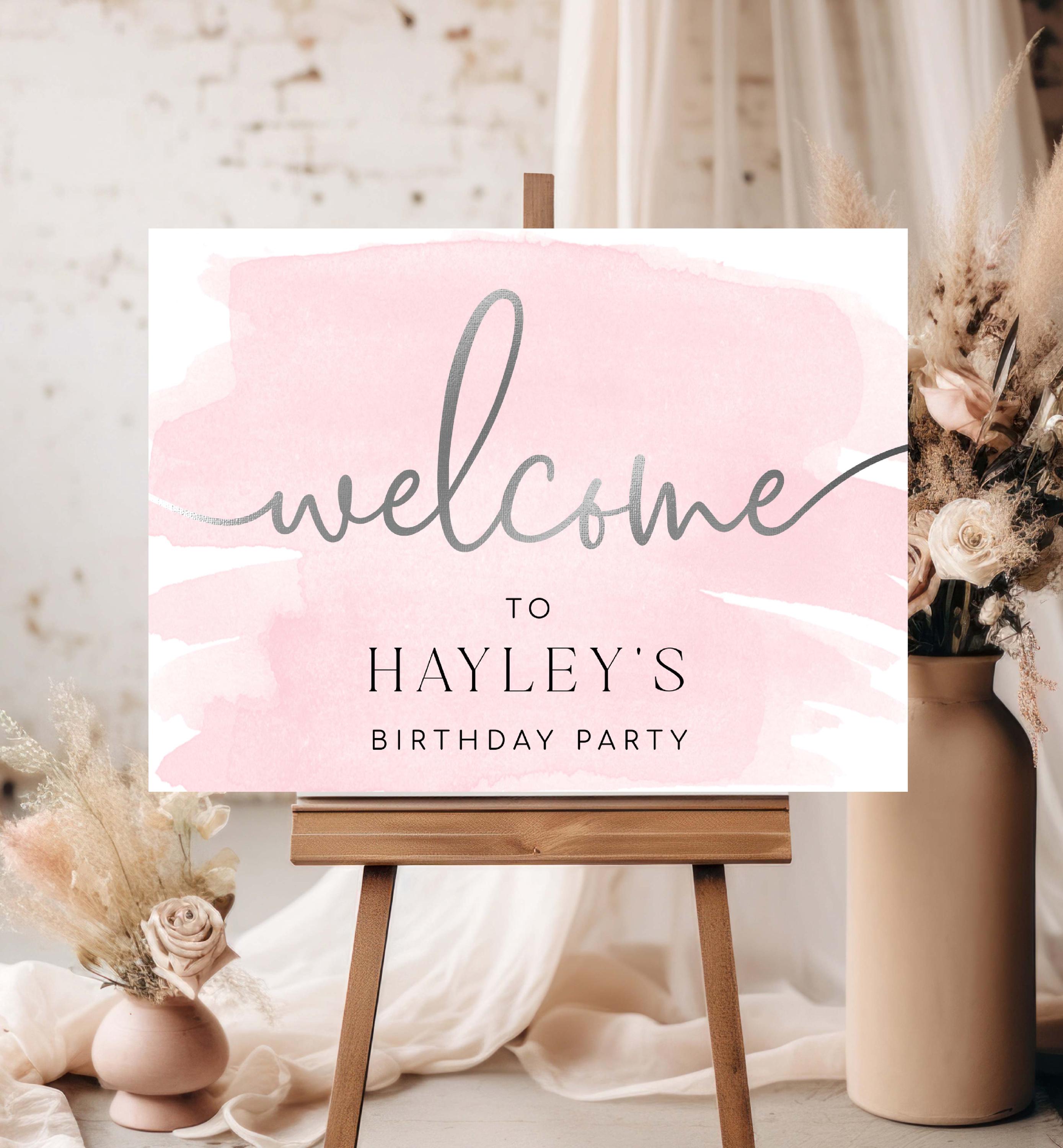 Pink Watercolor Welcome Sign Template, Faux Silver (digital Download ...