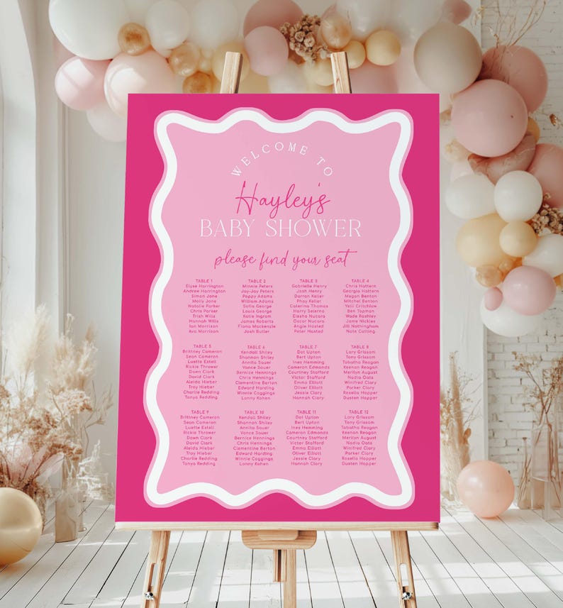 Hot Pink Wave Seating Chart Template, Bridal Shower, Bachelorette Party ...