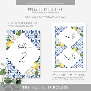 Printable Guest Name Table Numbers, Mediterranean Blue Tile Lemons ...