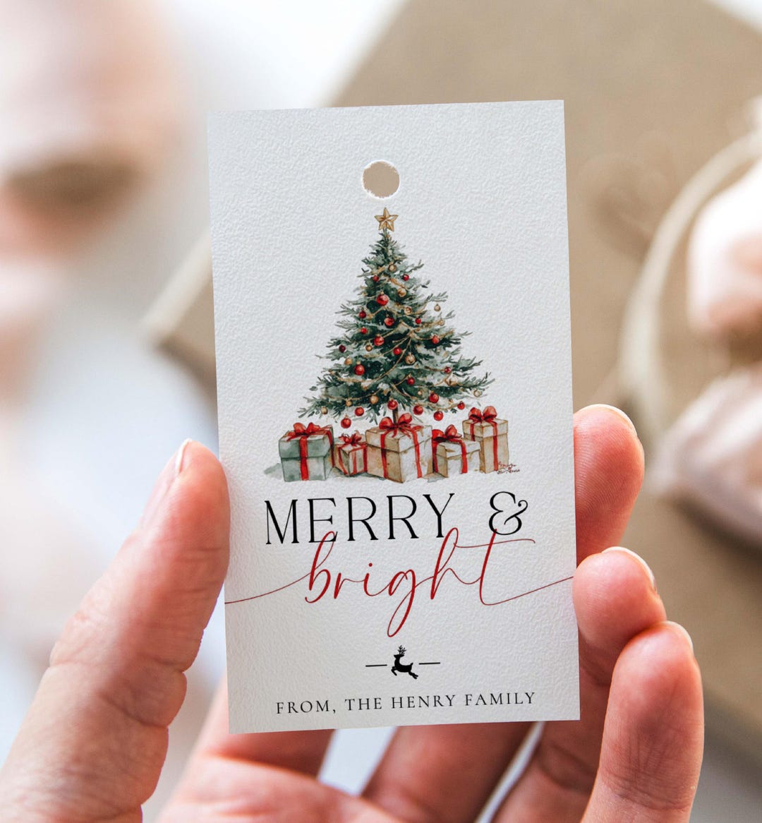 Printable Merry and Bright Gift Tag, Christmas Tree Gift Label, Custom ...