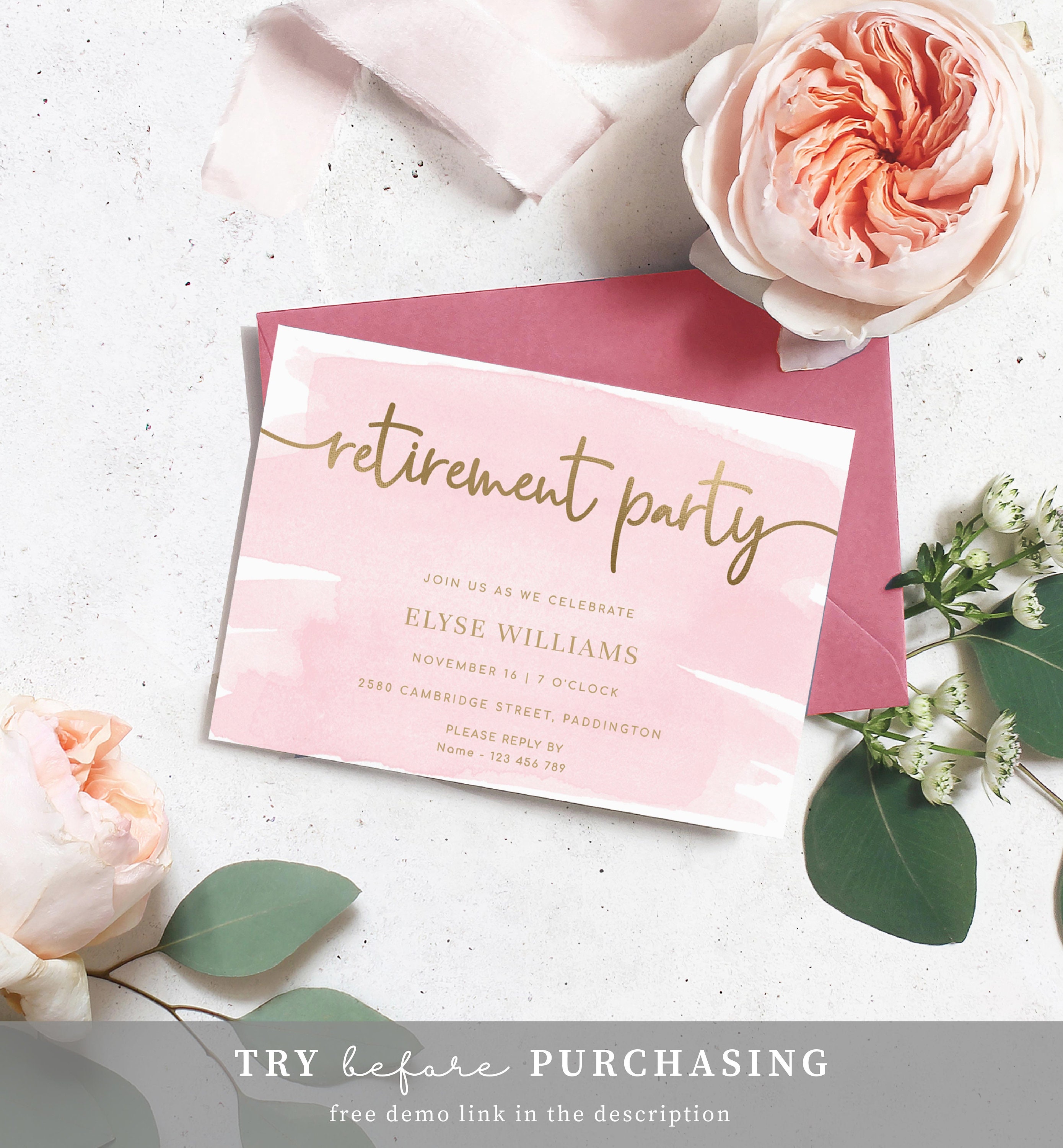 Printable Retirement Party Invitation Pink Watercolour Gold - Etsy ...