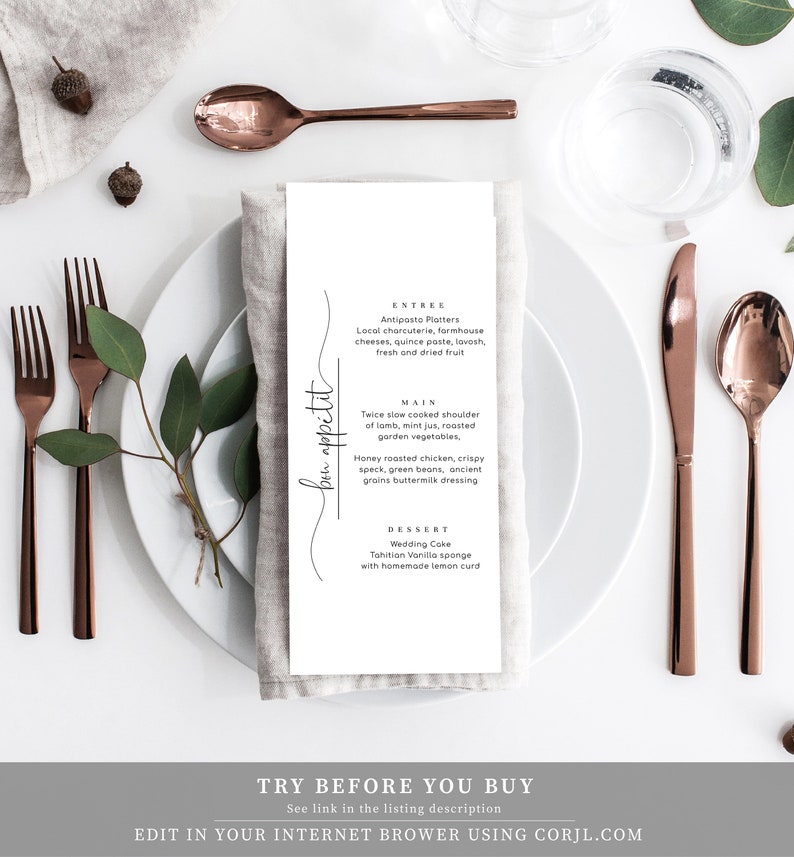 Bon Appetit Editable Printable Menu Template Minimalist - Etsy