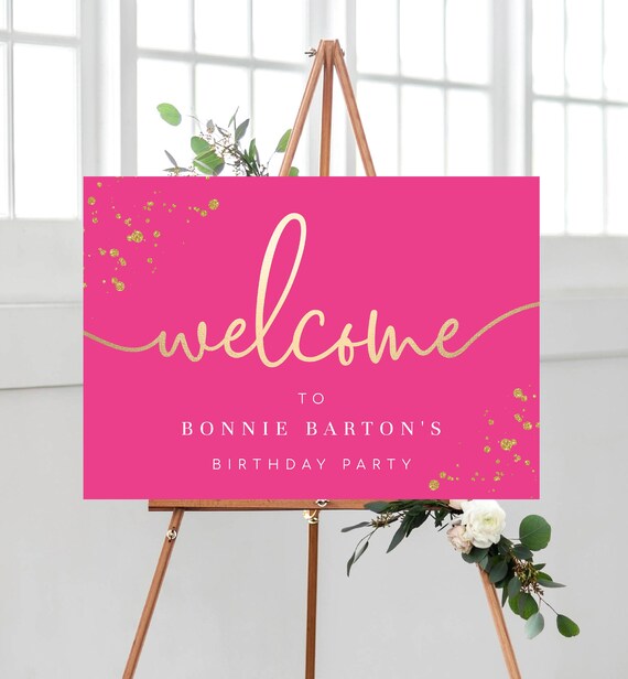 Editable Welcome Sign Hot Pink Gold Printable Girls Birthday - Etsy