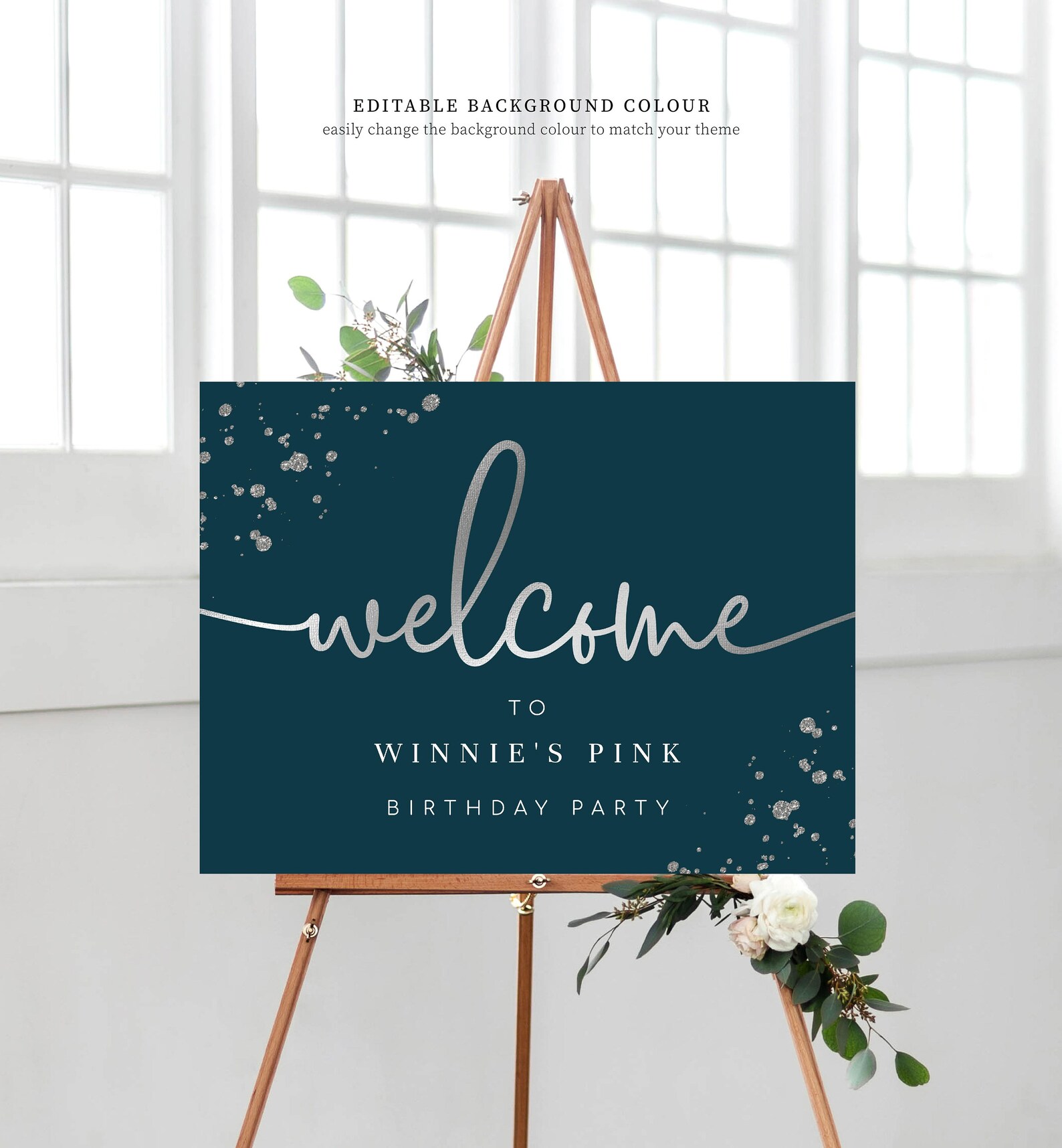 Editable Welcome Sign, Hot Pink Silver Printable Girls Birthday Welcome ...