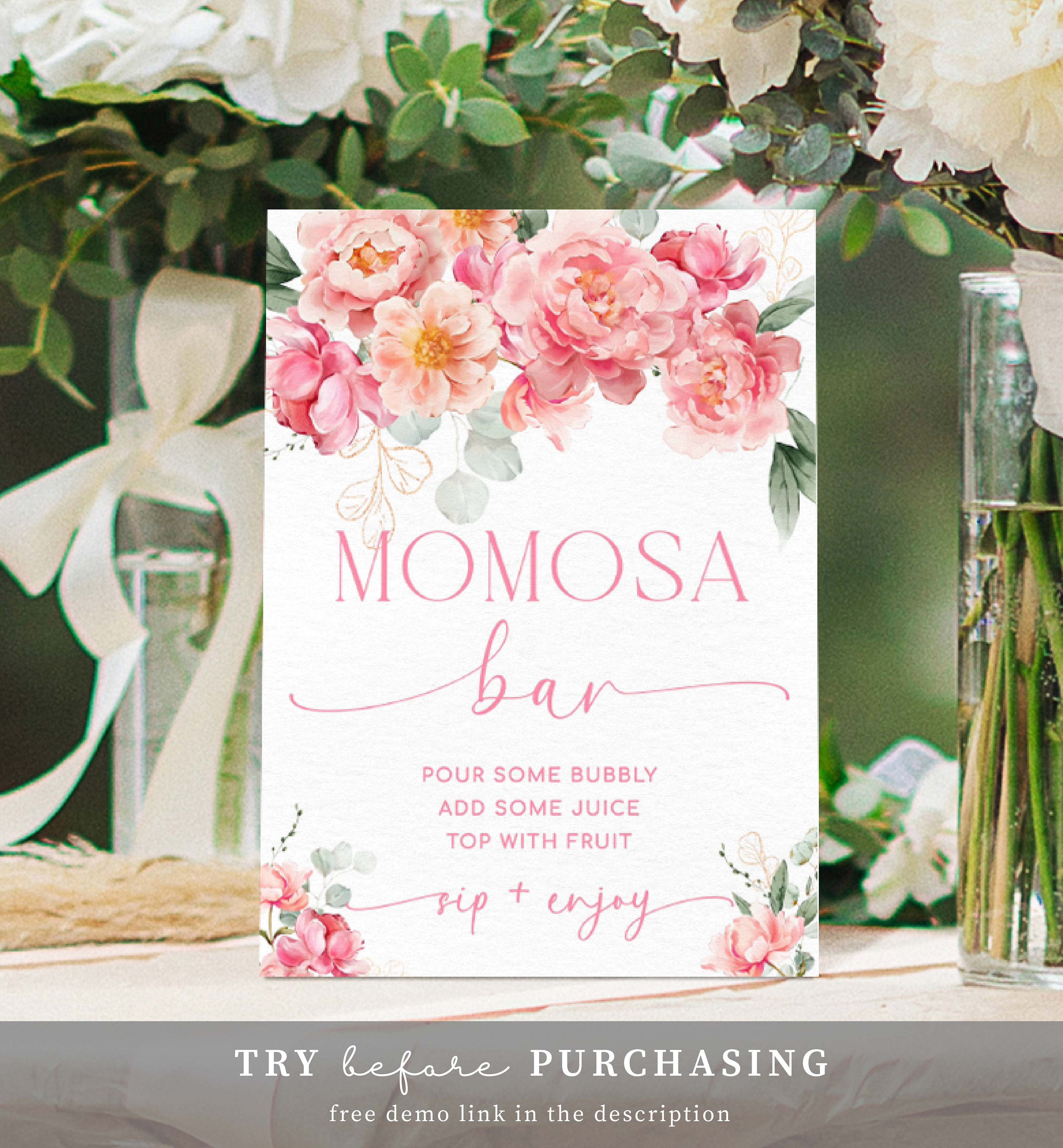 Pink Peony Momosa Bar Sign, Baby Shower Juice Tags (printable), Piper ...
