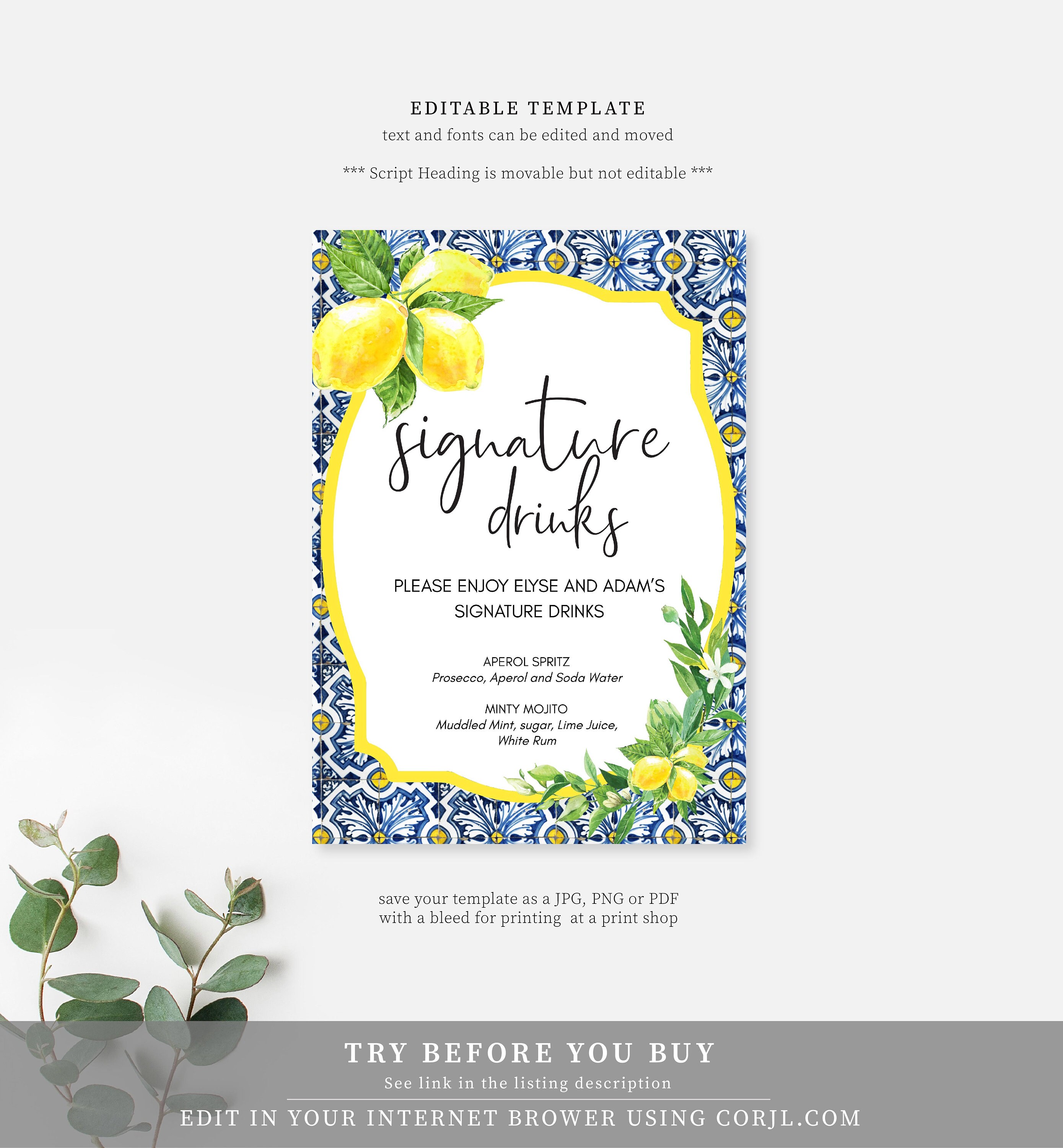 Positano Blue Tile Lemon Signature Drinks Sign Signature | Etsy