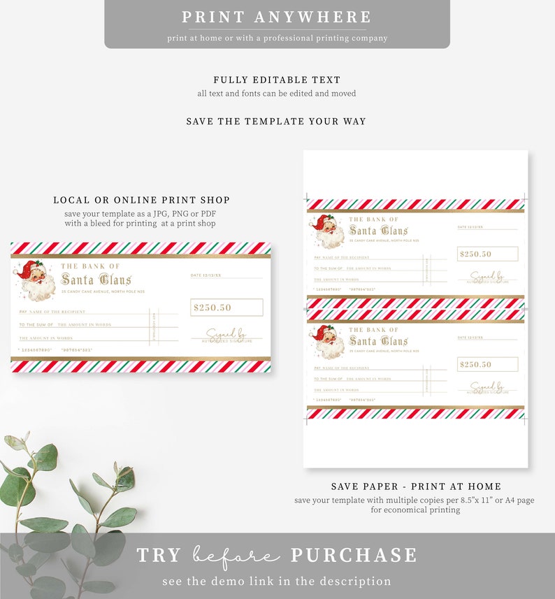 Santa Bank Christmas Cheque, Fake Bank Cheque Gift Voucher, Custom ...