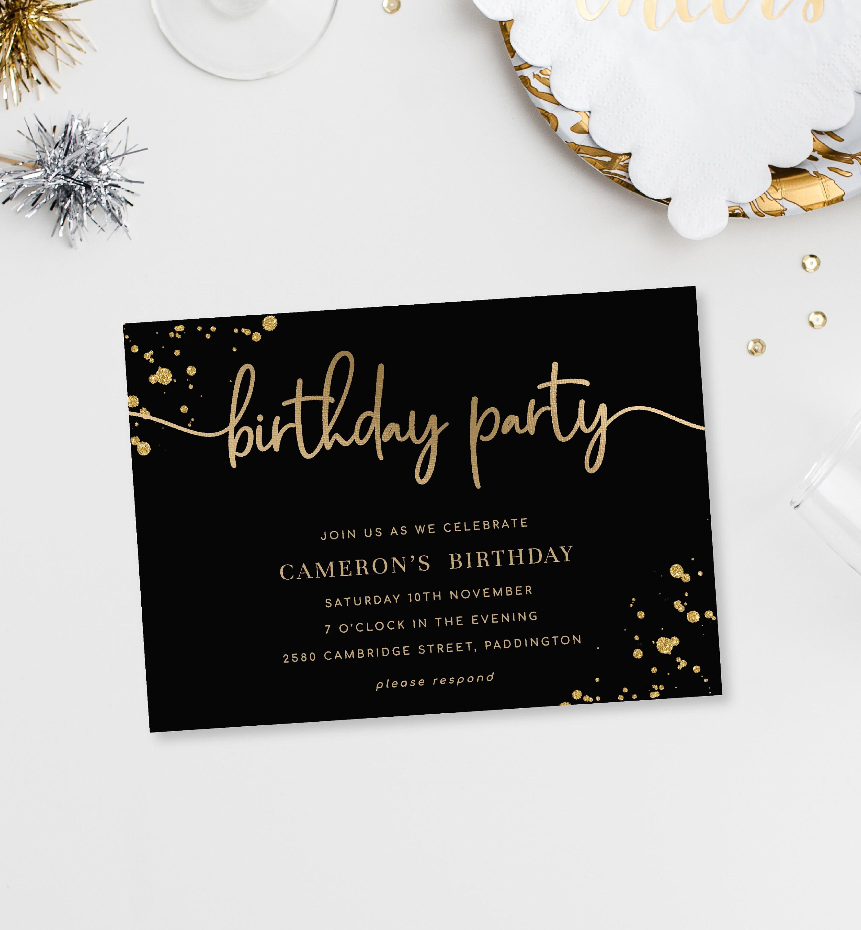 Black Gold Birthday Party Invitation Printable Editable Etsy Australia