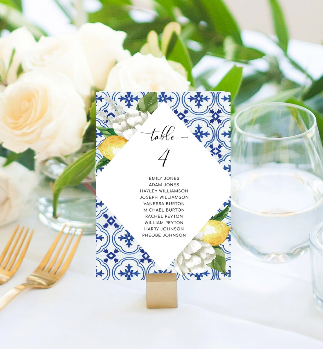 Printable Guest Name Table Numbers, Mediterranean Blue Tile Lemons ...