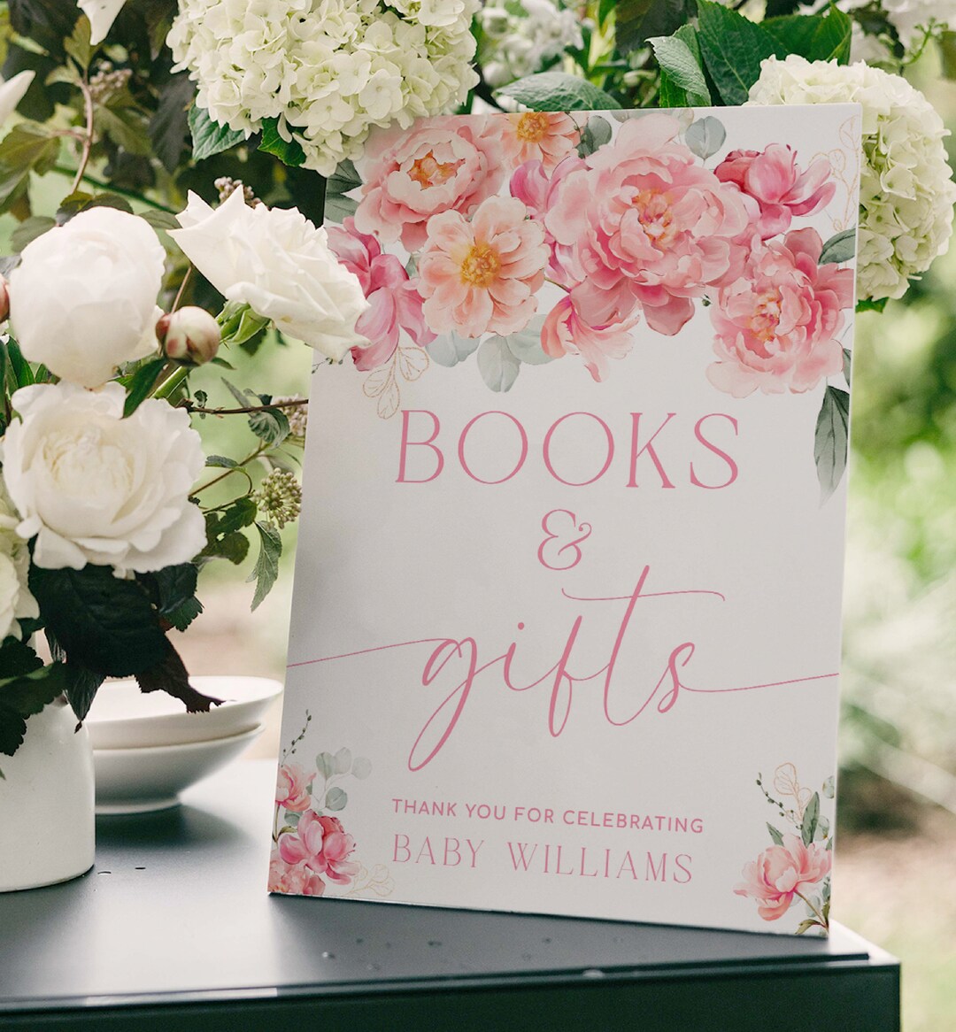 Printable Books and Gifts Sign Template, Pink Peony Floral, Baby Shower ...