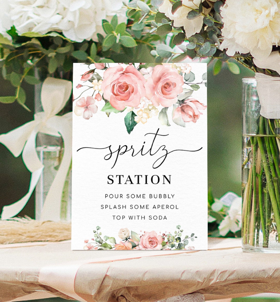Blush Floral Spritz Station Sign, Wedding Cocktail Bar (printable ...
