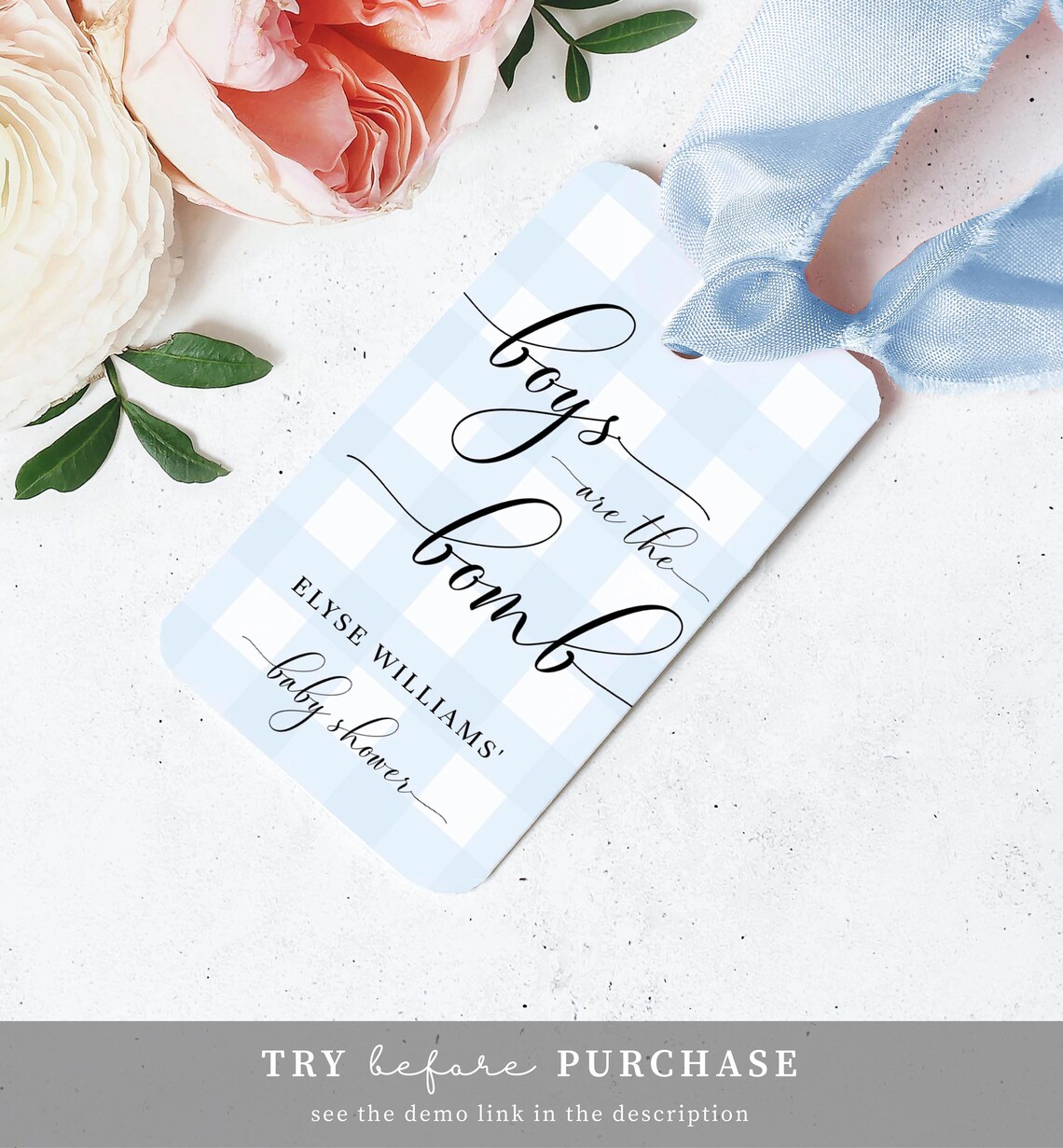 Boys Are the Bomb Favor Tag Printable Template - Blue Gingham (digital ...