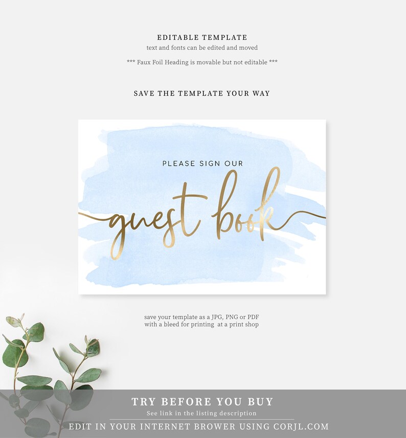 Printable Guest Book Sign Blue Watercolour Gold Foil | Etsy