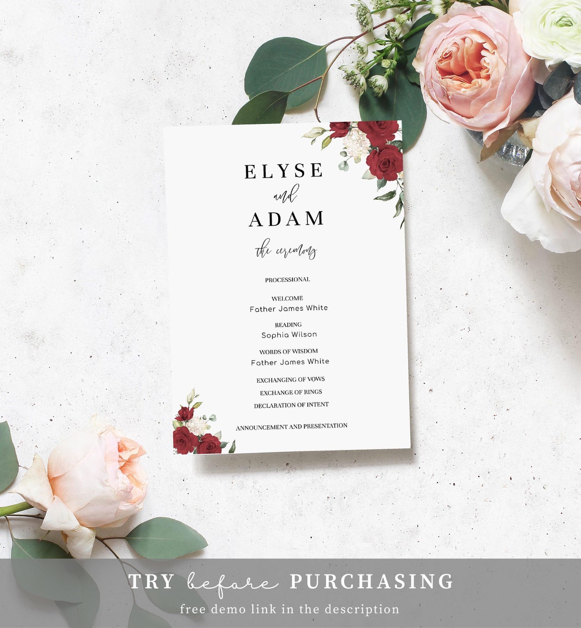Printable Red Floral Wedding Program Template Editable - Etsy