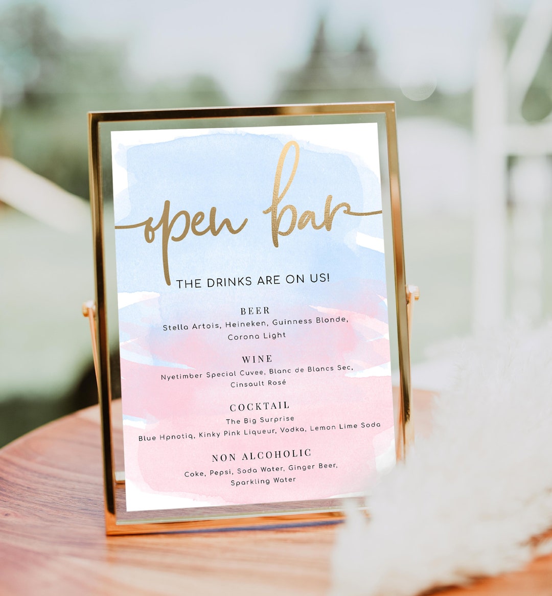 Open Bar Sign, Pink Blue Watercolour Baby Shower Drinks Bar Menu Sign ...