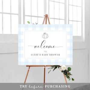 Blue Gingham Welcome Sign, Fall Pumpkin Boy Baby Shower Pale Blue Check ...
