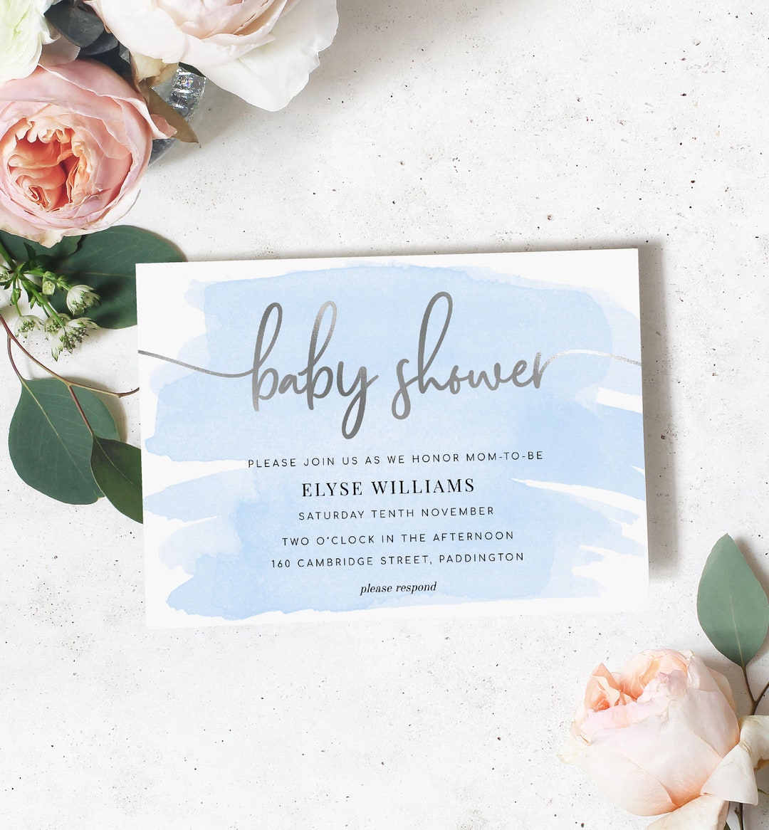 Blue Baby Shower Invitation Template - Silver Foil - Baby Boy Invite ...