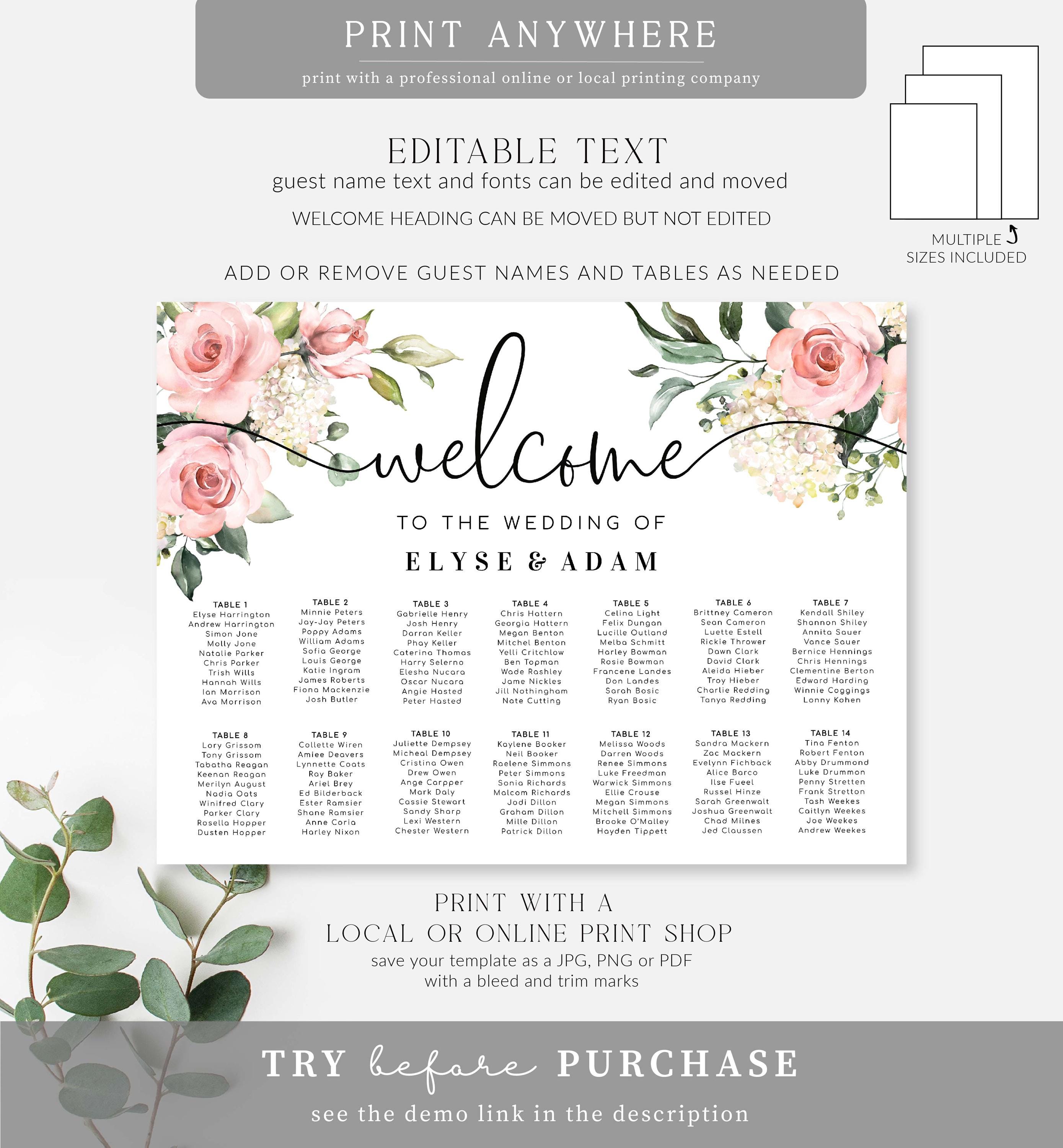 Printable Seating Chart Template, Wedding Table Plan, Blush Floral ...