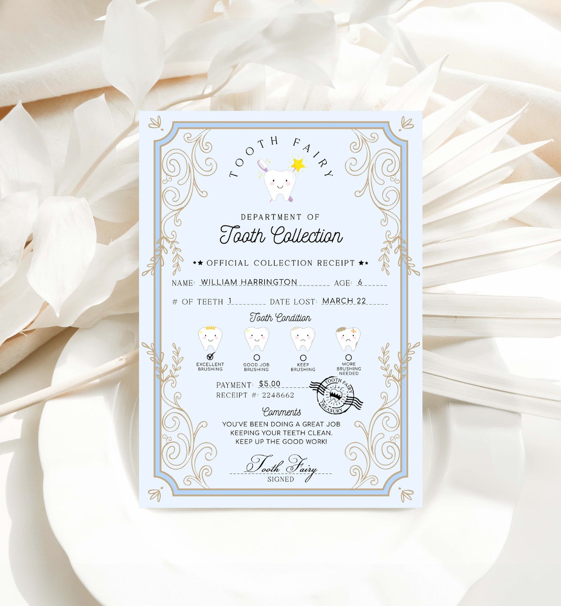 Printable Tooth Fairy Receipt, Tooth Fairy Collection Receipt, Editable ...