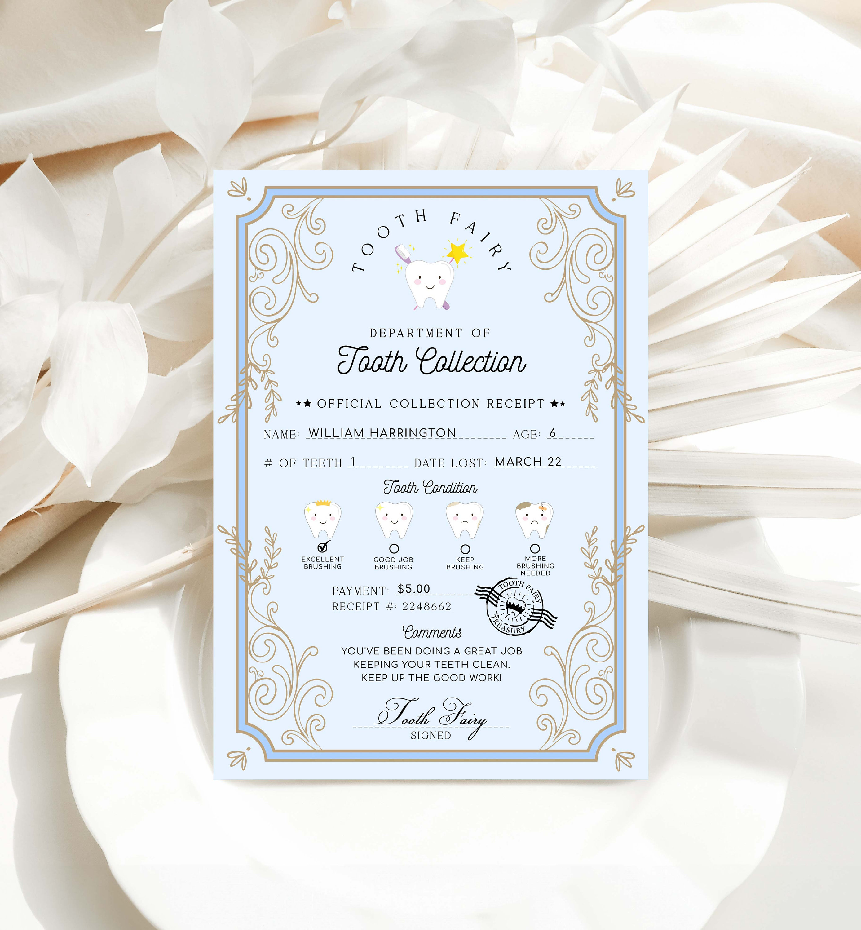 Printable Tooth Fairy Receipt, Tooth Fairy Collection Receipt, Editable ...
