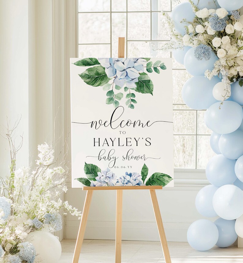 Printable Welcome Sign Template, Blue Hydrangea, Boy Baby Shower ...