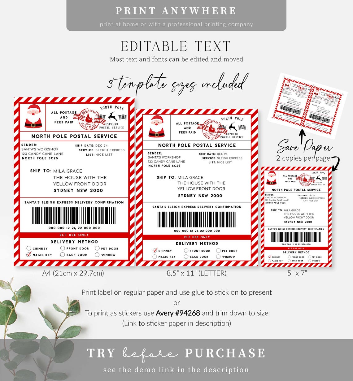Printable Santa Mail Label, North Pole Delivery Tag (digital Download ...