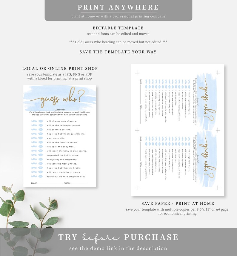 Blue Watercolor Baby Shower Game – Guess Who Mom or Dad (printable ...