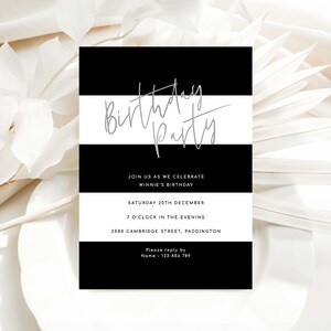 Printable Birthday Party Invitation, Black and White Striped Monochrome ...