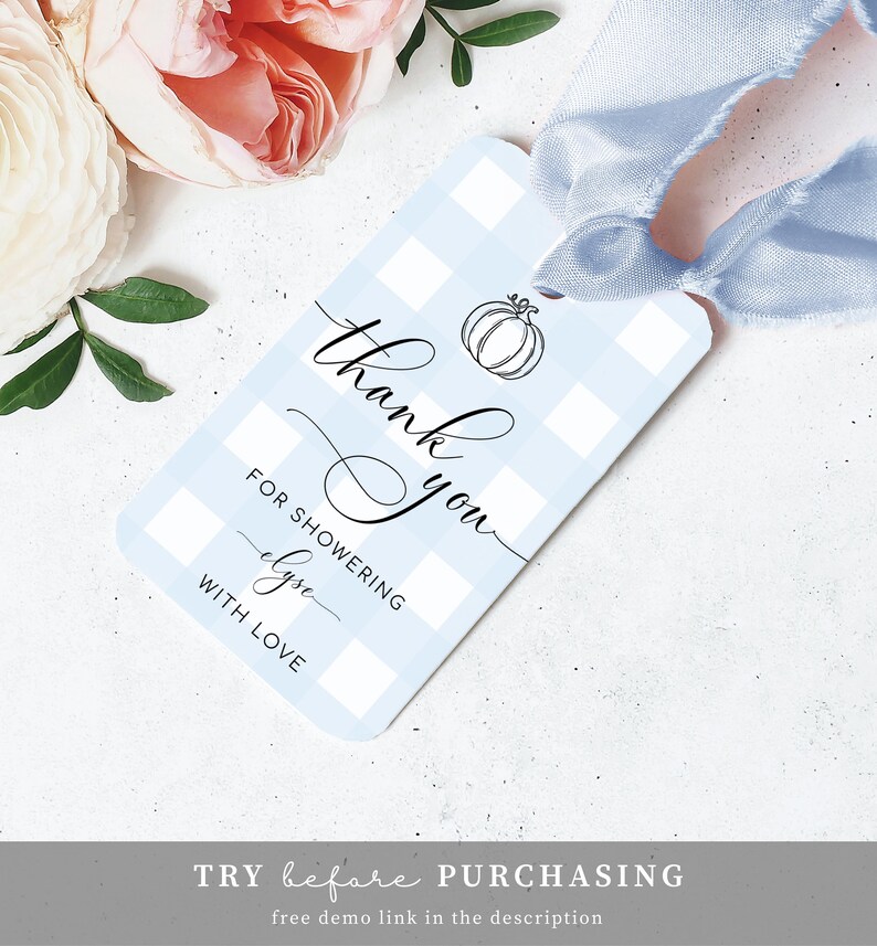 Blue Gingham Pumpkin Baby Shower Favor Tag Printable Template - Etsy ...