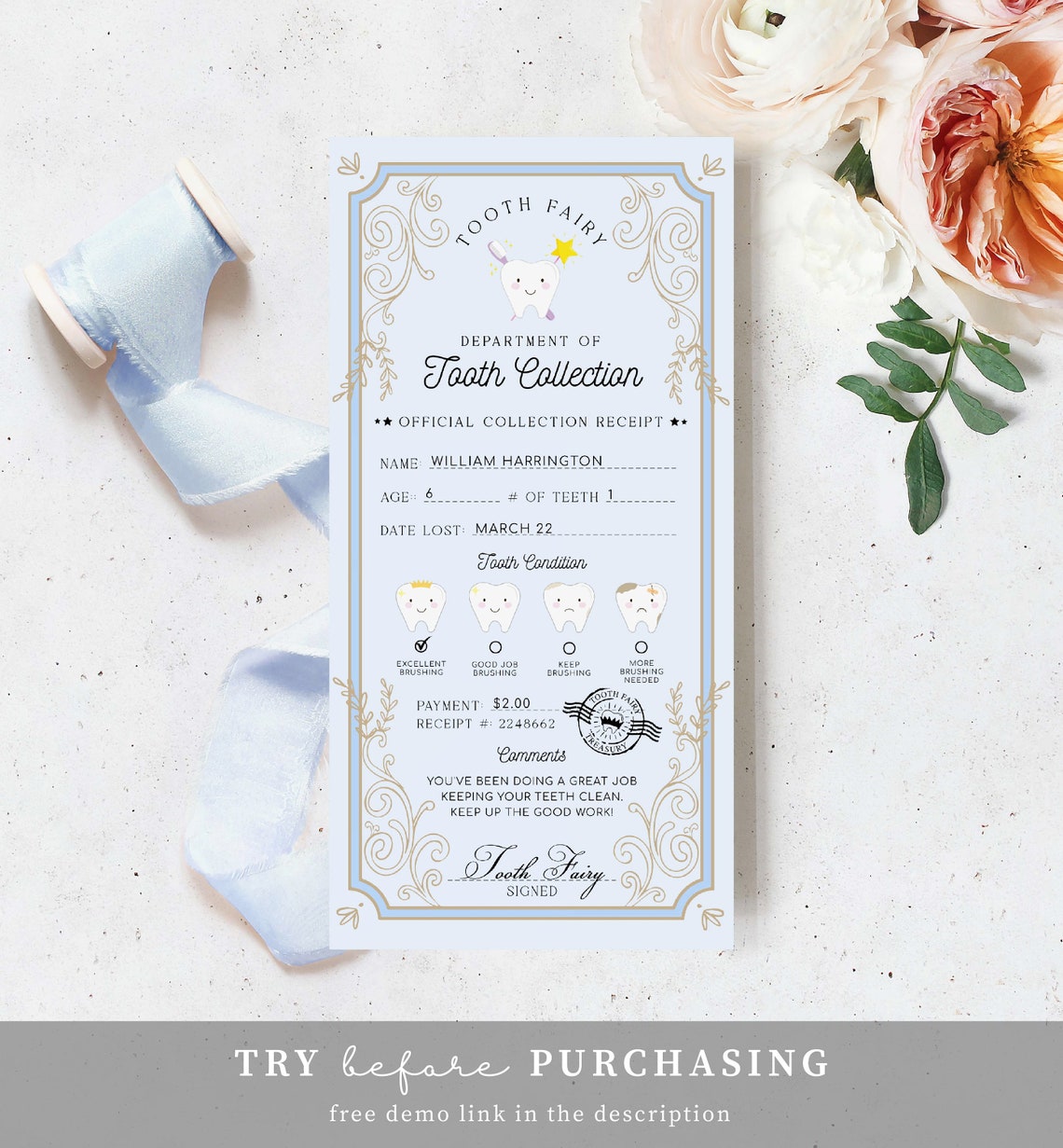 Printable Tooth Fairy Receipt, Tooth Fairy Collection Receipt, Editable ...
