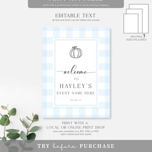 Blue Gingham Welcome Sign, Fall Pumpkin Boy Baby Shower, Pale Blue ...