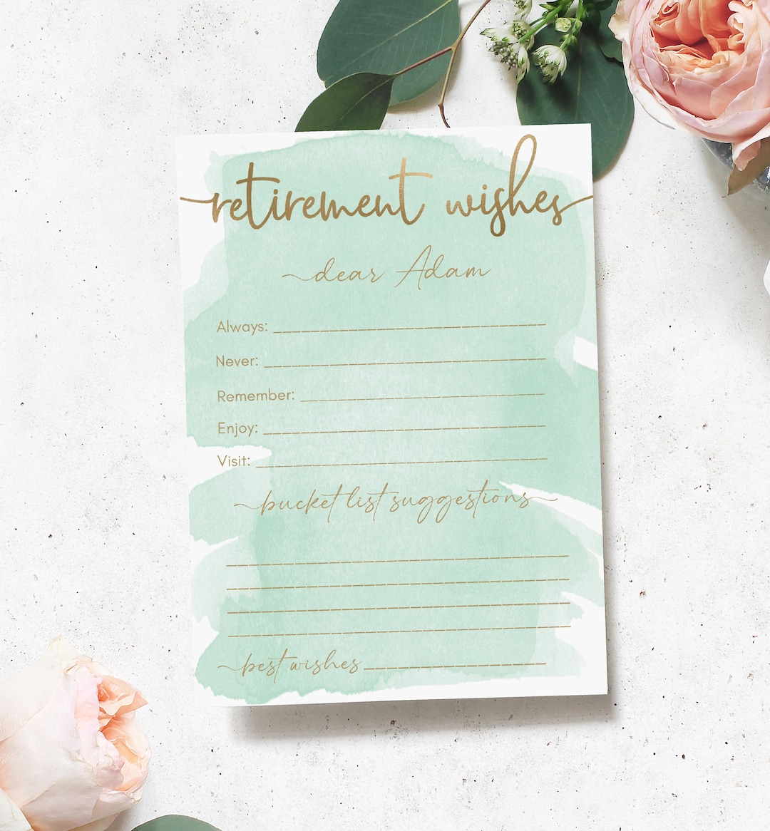 Printable Retirement Wishes Template, Green Watercolour Gold Retirement ...