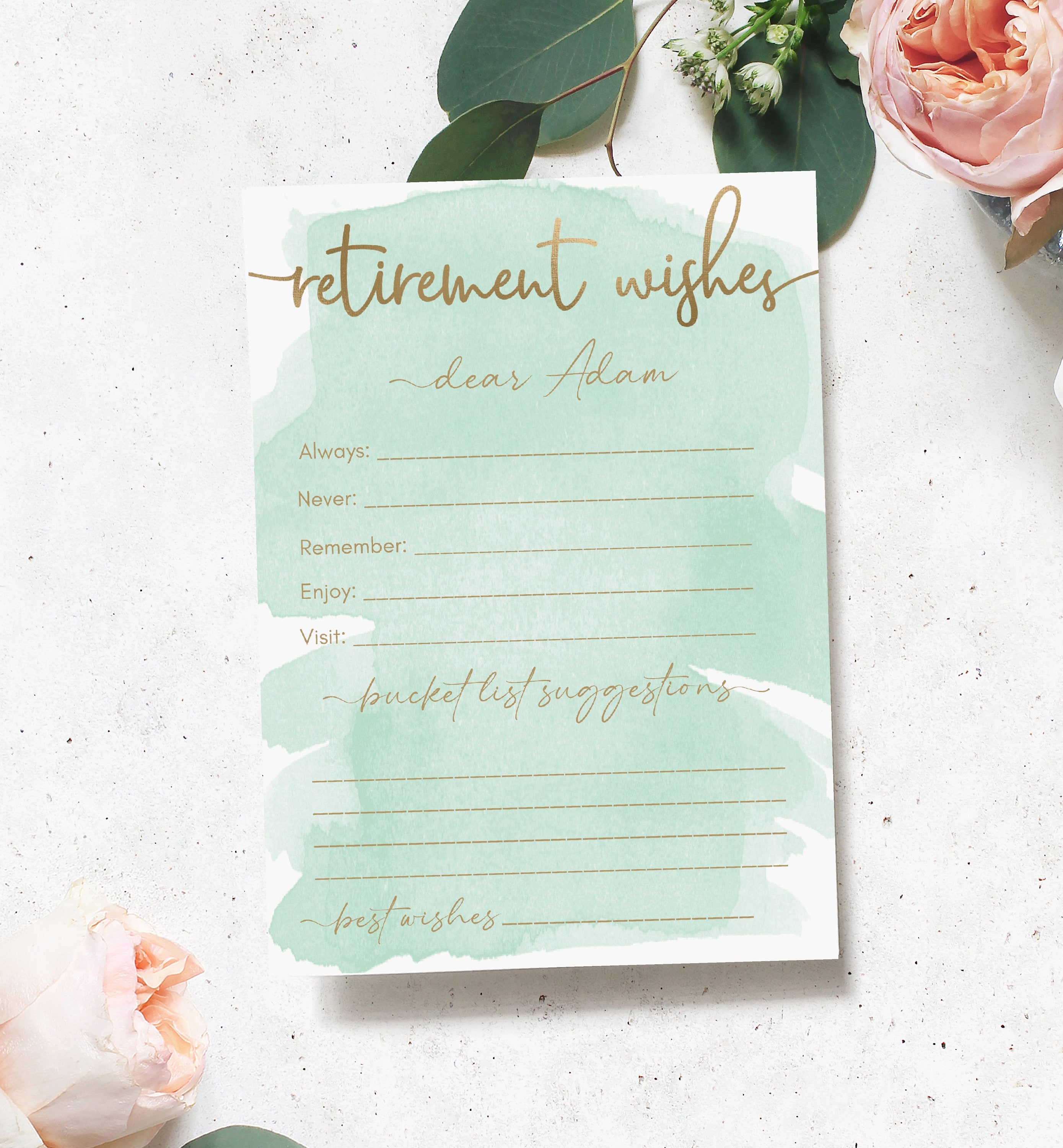 Printable Retirement Wishes Template Green Watercolour Gold - Etsy ...