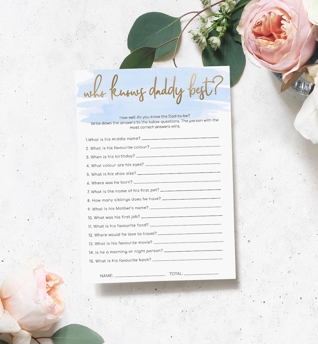 Who Knows Daddy Best? How Well Do You Know Daddy Game, Blue Watercolour ...